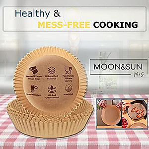 MOON&SUN Air Fryer Disposable Paper Liner | Air Fryer Paper Liners for 3-5QT Air Fryer | Nonstick Parchment Paper Liners | Oil-Proof Water Proof Paper Liners for Cooking, Baking Food (6.3 In, 100-PCS)
