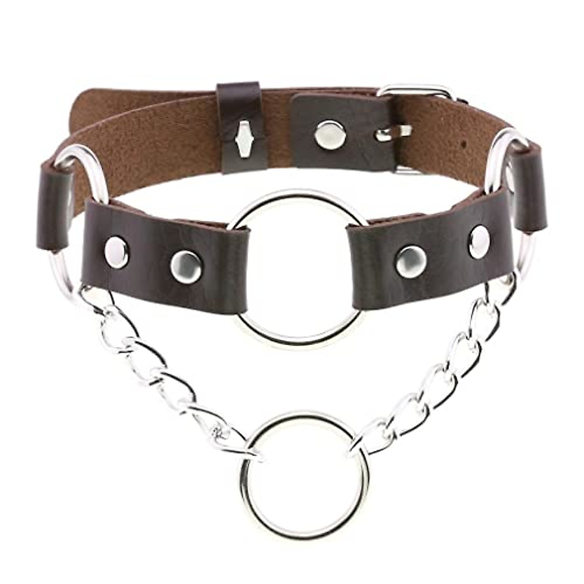 HUYHOAT Men Women Punk Circle Tassel Chain Pendant Goth Choker Necklace Sexy Cosplay Black PU Leather Necklace Gothic Accessories (pink)