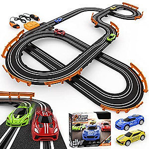 Slot Car Race Track Sets with 4 High-Speed Slot Cars, Battery or Electric Race Car Track for Boys and Kids, Dual Racing Game Lap Counter Circular Overpass Track, Gifts Toys for Boys Kids Age 6 7 8-12