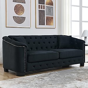 POCIYIHOME 77" Velvet Chesterfield, Deep Button Tufted 3 Seater Sofa Couch with Upholstered Backrests and Nailhead Trim Arms for Living Room, Recliner Loveseat Folding Daybed, 2 Pillows (Black)