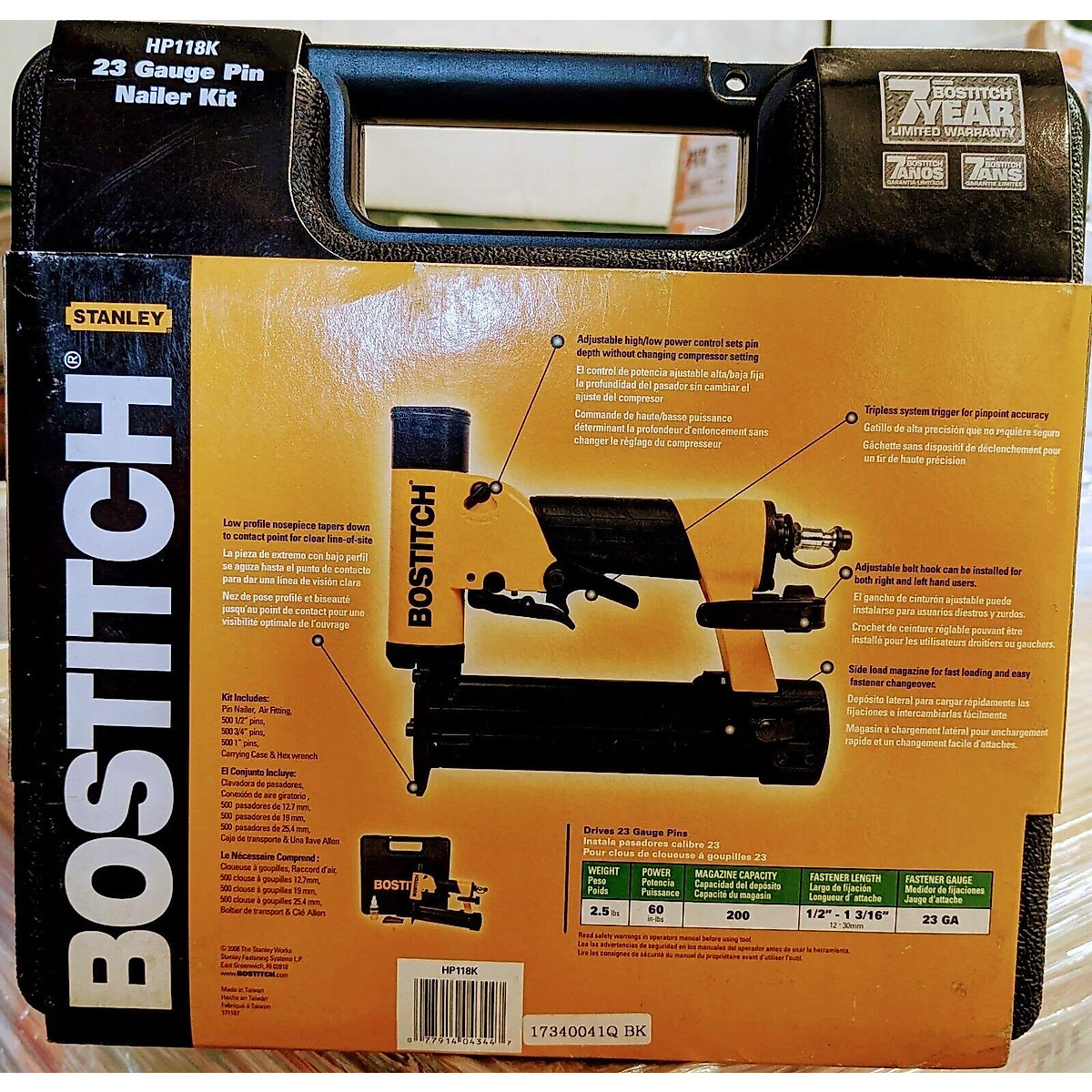 BOSTITCH Pin Nailer 23 Gauge, 1/2-Inch to 1-3/16-Inch (HP118K) , Black