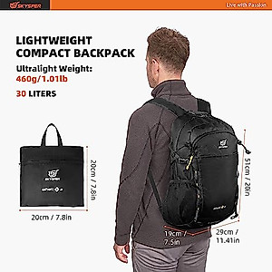 SKYSPER Hiking Backpack 30L Lightweight Packable Travel Daypack Waterproof Hiking Daypack for Women Men(Black)