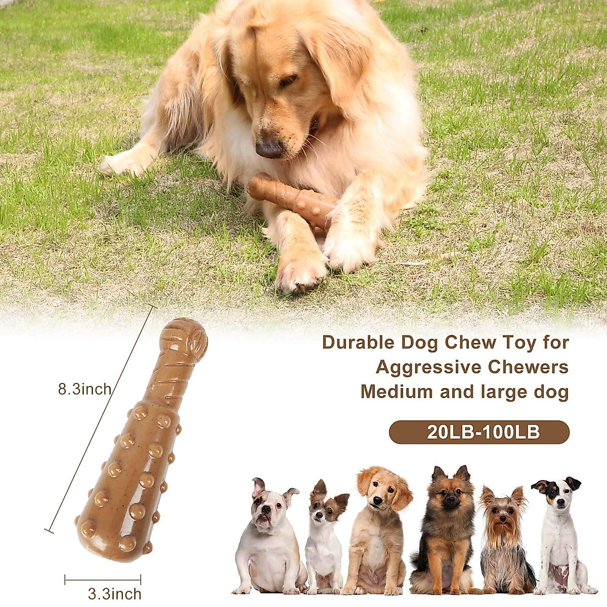 QWKNY Interactive Squeaky Dog Chew Toy - Baseball Bat Shape - for Medium to Large Aggressive Chewers - Non-Toxic, Tough Rubber - Cleans Teeth & Promotes Dental Health - Ideal for Fetch & Play