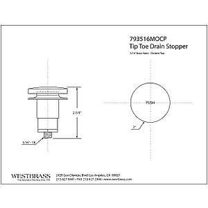 Westbrass 793516MOCP Replacement Tip-Toe Bathtub Drain Stopper with 5/16" Stem, 1-Pack, Polished Chrome