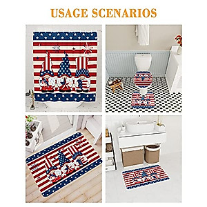 Comforance 4 Pcs Shower Curtain Set with Rug, Independence Day Star Bathroom Curtains Shower Set Toilet Mat Lid Rug Bathroom Sets Shower Curtain Sets with Hooks, Cute Gnomes Red Blue Stripes
