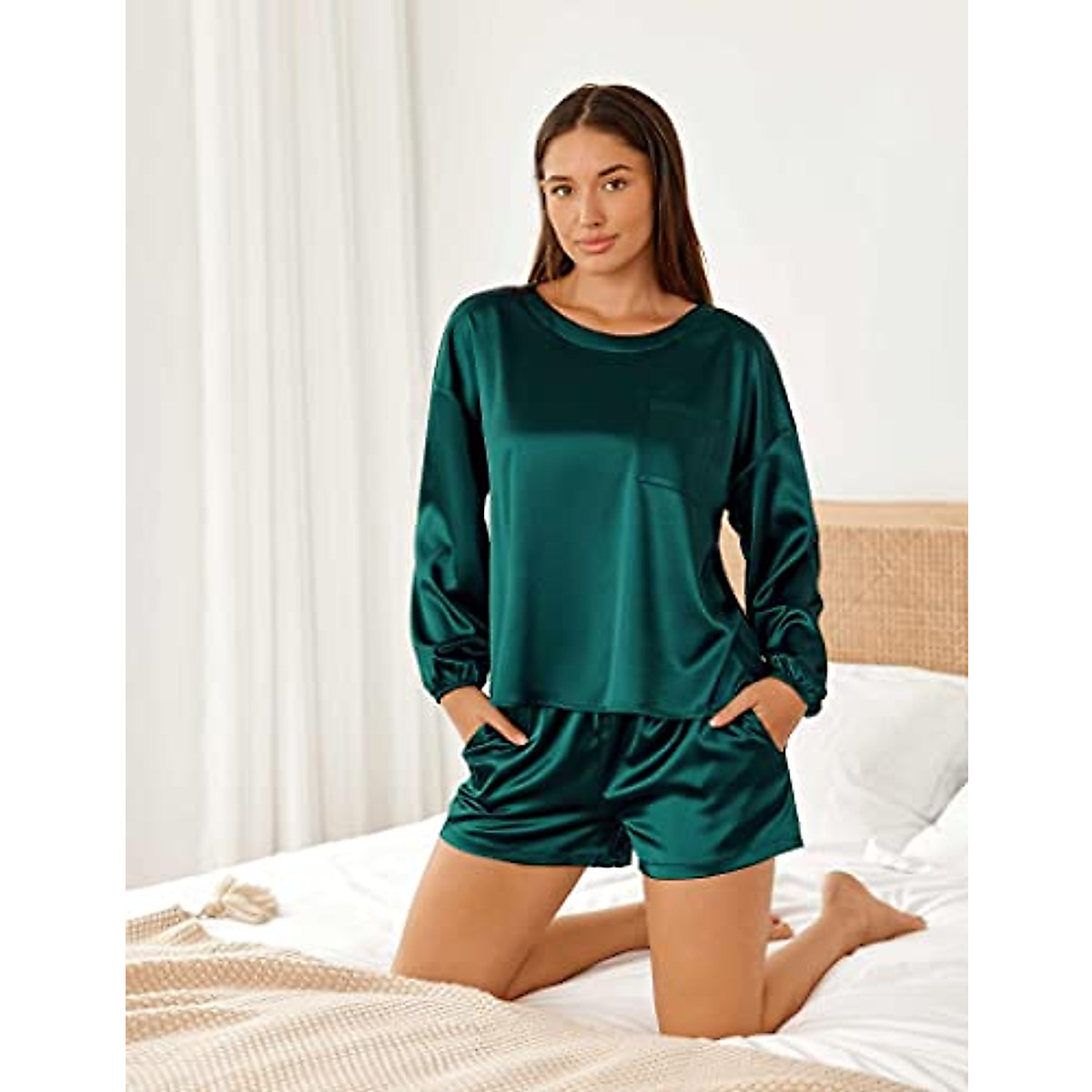 Ekouaer Satin Pajama Set for Women Silk Pajamas Set Satin Pj Set Long Sleeve Top and Shorts Two Piece Sleep Set Silky Sleepwear Lake Green Large