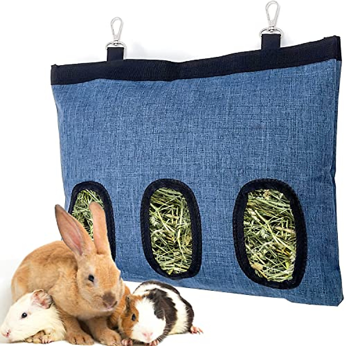 Rabbit Hay Feeder, Guinea Pig Bunny Hay Feeder Bag, Hanging 600D Oxford Fabric Storage Hay Feeder Bag for Rabbit Guinea Pig Chinchilla Small Animal Pets (Blue)