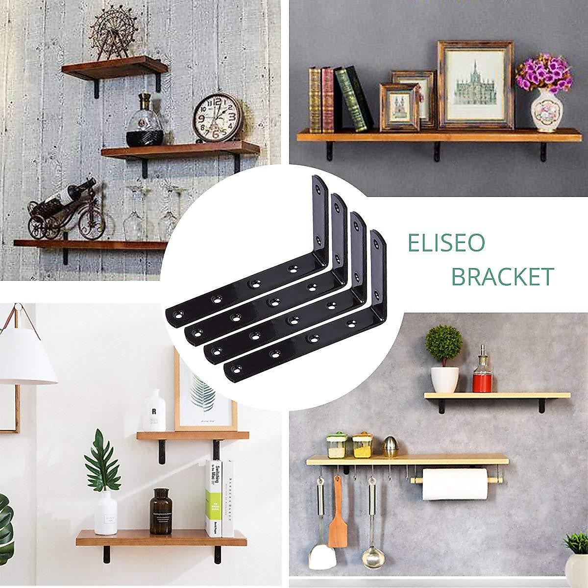 4 PCS 90 Degree Angle L Shaped Shelf Bracket with 24 Pcs Screws and 8 Pcs Anchors, Corner Brace Joint Bracket Fastener, 5 x 3Inch Floating Shelves Bracket Support Wall Hanging, Black, Metal