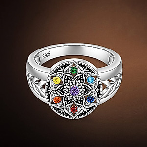 Chakra Ring Mandala Lotus Rings for Women Sterling Silver Yoga Lotus Flower Healing Crystal 7 Chakras Protection Balance Jewelry Gifts Size 7