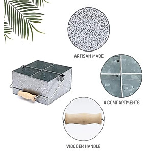 THE ARTIQUE Handmade Farmhouse Galvanized Metal Condiments Square Caddy with Silver Texture and Foldable Handle for KItchen Utenlsils, Dinning Table, Silverware, Picnic, Party Etc-SILVER ANTIQUE