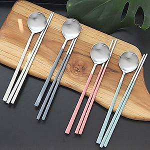 Premium 304 Stainless Steel Korean Colorful Chopsticks Spoon 1 Set Non-Slip Reusable Color Metal Tableware Party Gift (Beige)