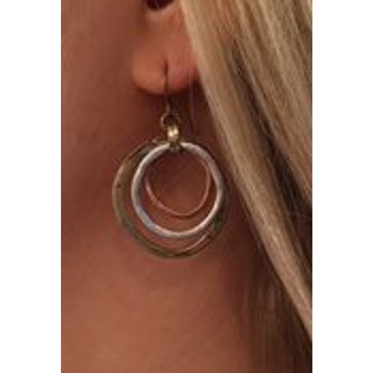 Handmade Sunrise Tricolor Dangle Earrings - Burnished Circles, Copper, Brass and Silverplated
