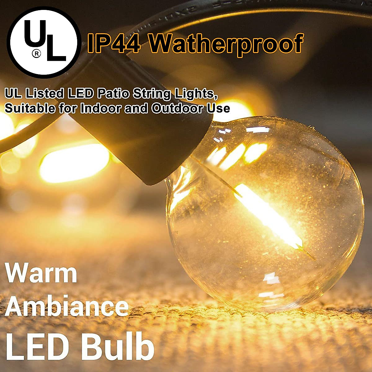 Abeja 25 Feet Outdoor String Lights G40 Led Globe Patio Lights with 25 Shatterproof Bulbs (2 Spare), LED String Lights Commercial Grade Waterproof Backyard Lights for Outside Porch Bistro, Black Wire