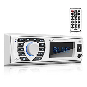Pyle Bluetooth Marine Receiver Stereo - 12v Single DIN Style Boat In dash Radio Receiver System with Digital LCD, RCA, MP3, USB, SD, AM FM Radio - Remote Control, Wiring Harness - PLRMR23BTW (White)