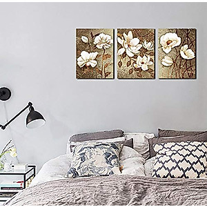 Vintage Wall Art Flowers Bedroom Wall Decor 3 Pieces Canvas Wall Art White Blossom Bathroom Living Room Decoration 12" x 16" x 3 Panels Framed Ready to Hang