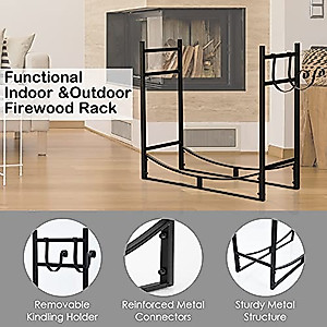 Goplus Firewood Rack, 33” Heavy Duty Metal Wood Log Holder with Removable Kindling Holder,Quick Set-up, Wood Storage Stacker, Fireplace Log Stand Organizer for Indoor & Outdoor Use