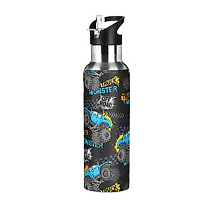 Wusikd Monster Truck Water Bottle with Straw Lid Double Wall Car Thermos Bottle Vacuum Insulated Flask Stainless Steel Water Bottle for Gym Outdoor 20 OZ