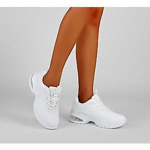 LUCKY STEP Women‘s Air Cushion Fashion Sneakers Platform Casual Walking Resistant Tennis Shoes Hologram Leather Comfortable Travel Sneakers(All White,9B(M) US)