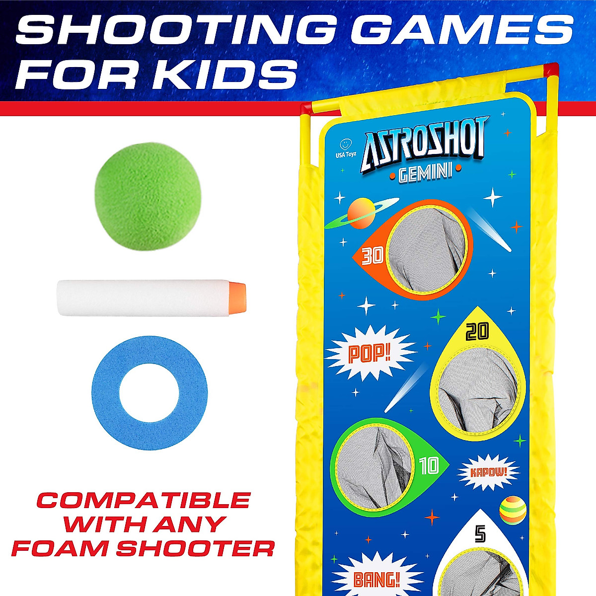 USA Toyz Astroshot Gemini Shooting Games for Kids - 2pk Soft Foam Ball Popper Toy Foam Blasters and Guns, 2-Player Toy Guns Set with Standing Shooting Target and 24 Soft Foam Balls