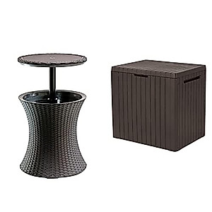 Keter Outdoor Patio Furniture and Hot Tub Side Table with 7.5 Gallon Beer and Wine Cooler, Brown & City 30 Gallon Resin Deck Box for Patio Furniture, Pool Accessories, Brown