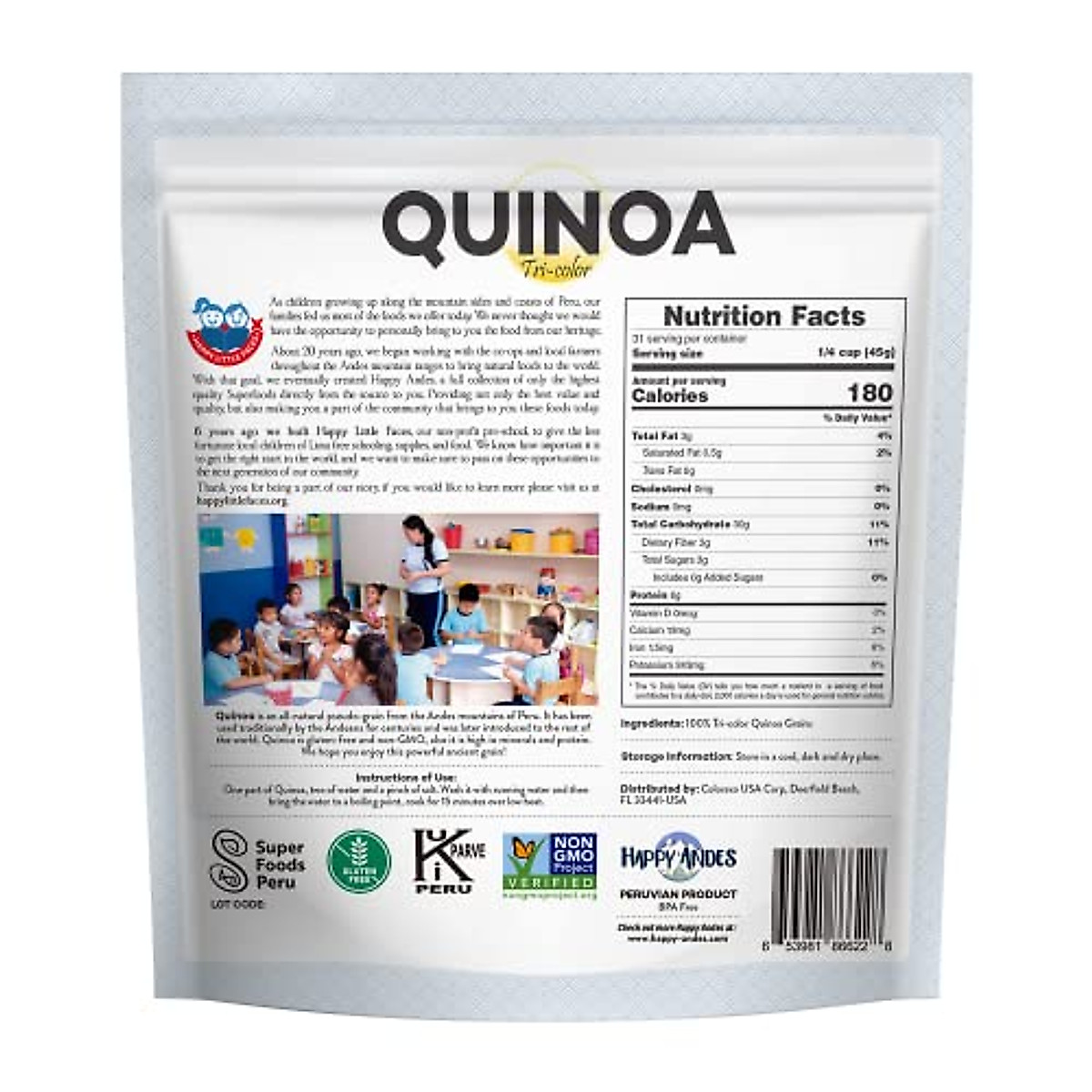 Happy Andes Tri-Color Quinoa Non GMO & Gluten, Whole Grain Rice Substitute, Ready to Cook Food for Oats & Seeds Recipes, Healthy Meal with Vitamins and Protein, 48 Oz