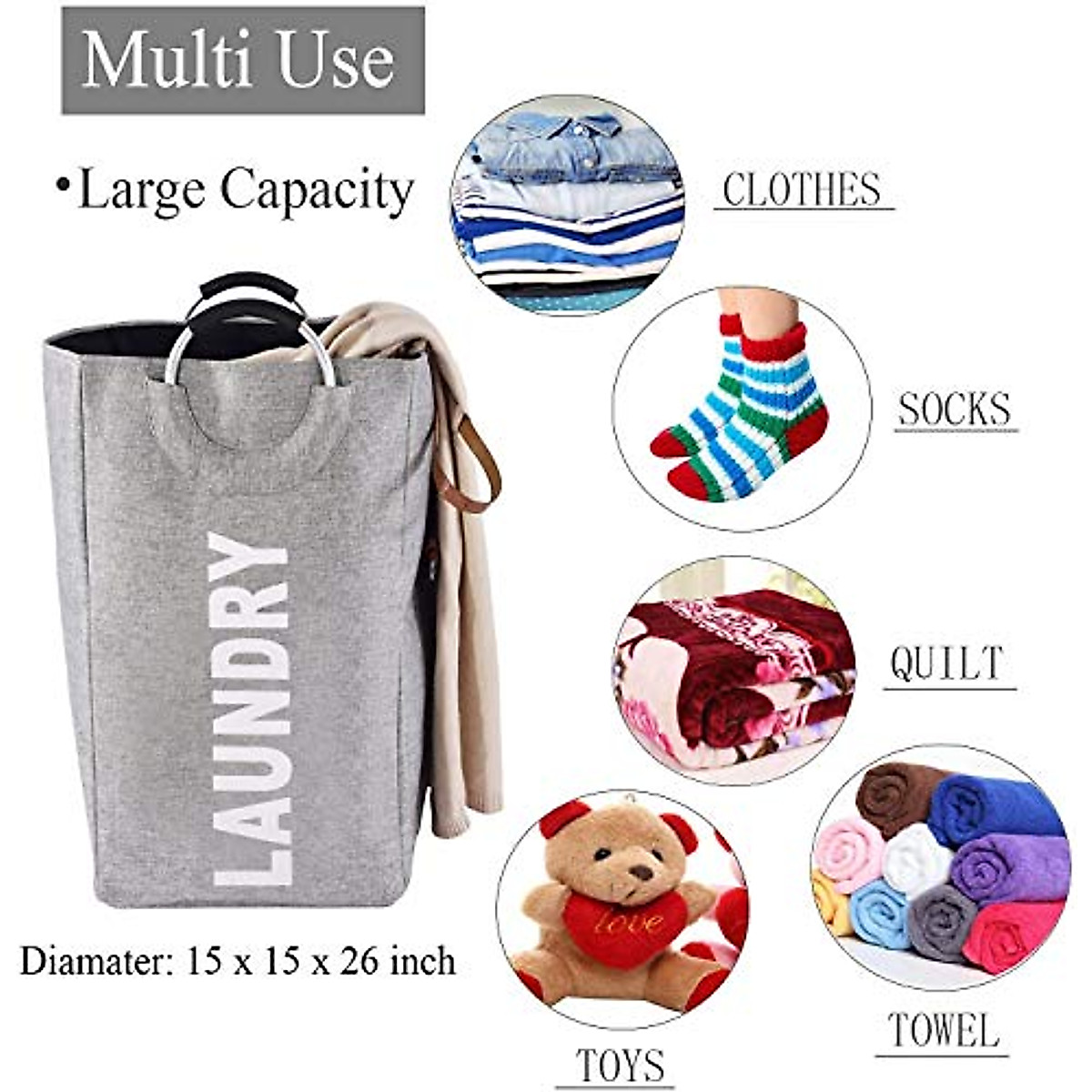 XIGUI Large Collapsible Laundry Hamper Bag with Handles, 13 x11 x 20Inches Foldable Clothes Basket for Washing Storage