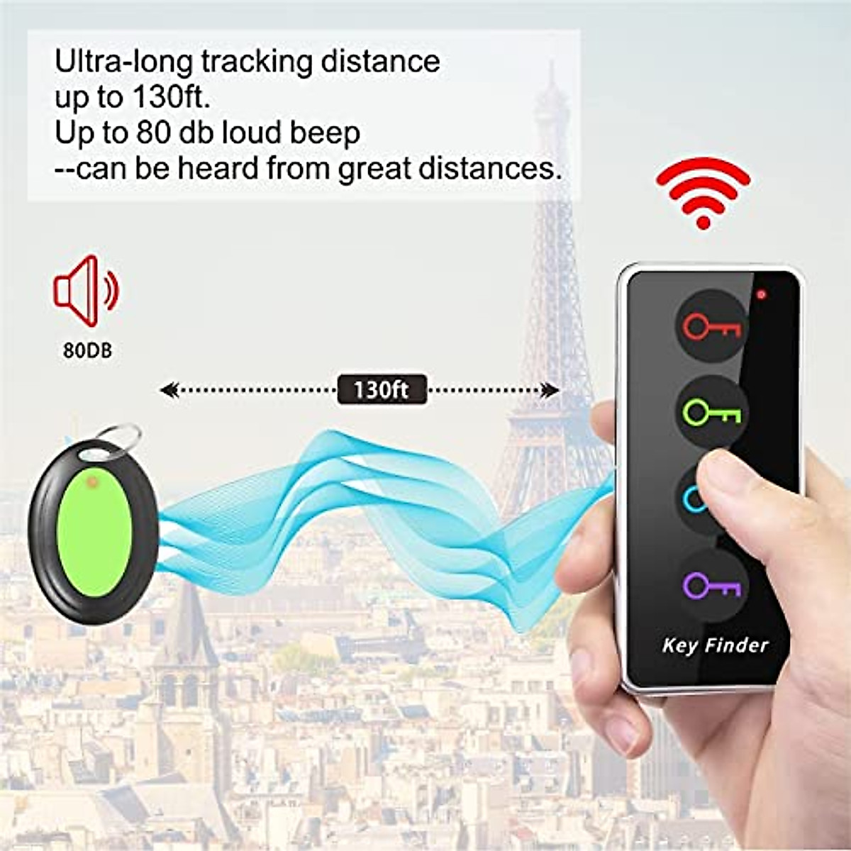 Key Finder, Reyke 80dB+ RF Item Locator Tags with 131ft. Working Range, Wireless Remote Finder Key Finder Locator for Finding Wallet Key Phone Glasses Pet Tracker, 1 RF Transmitter & 4 Receivers