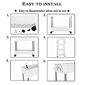 YooFZler 4 Tier Slim Storage Cart Mobile Tower Rack Rolling Shelving Unit Storage with Casters Wheels&4 Side Hoops for Kitchen Bathroom Laundry Room, White