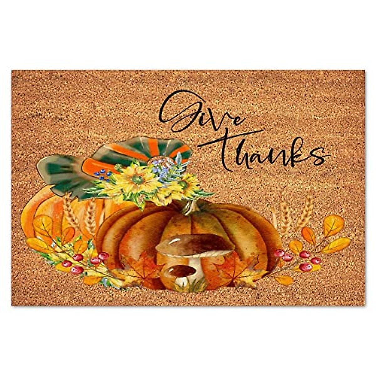 Coir Mat Natural Fade - Vinyl Backed Give Thanks Outdoor Doormats 16x24in Pumpkin Sunflowers Fall Leaves Front Porch Welcome Mats for Outside Porch Entrance