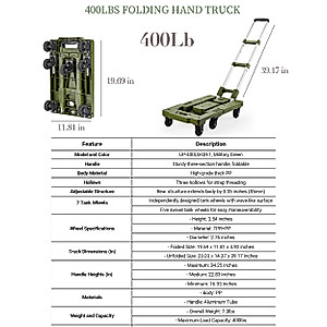 UPWOIGH Folding Hand Truck,400 lb Heavy Duty Cart,Multifunctional Hand Cart,Green Portable Folding Luggage Cart with 7 Tank Wheels and 2 Bungee Cords,Ideal for Moving, Traveling,Shopping and Camping
