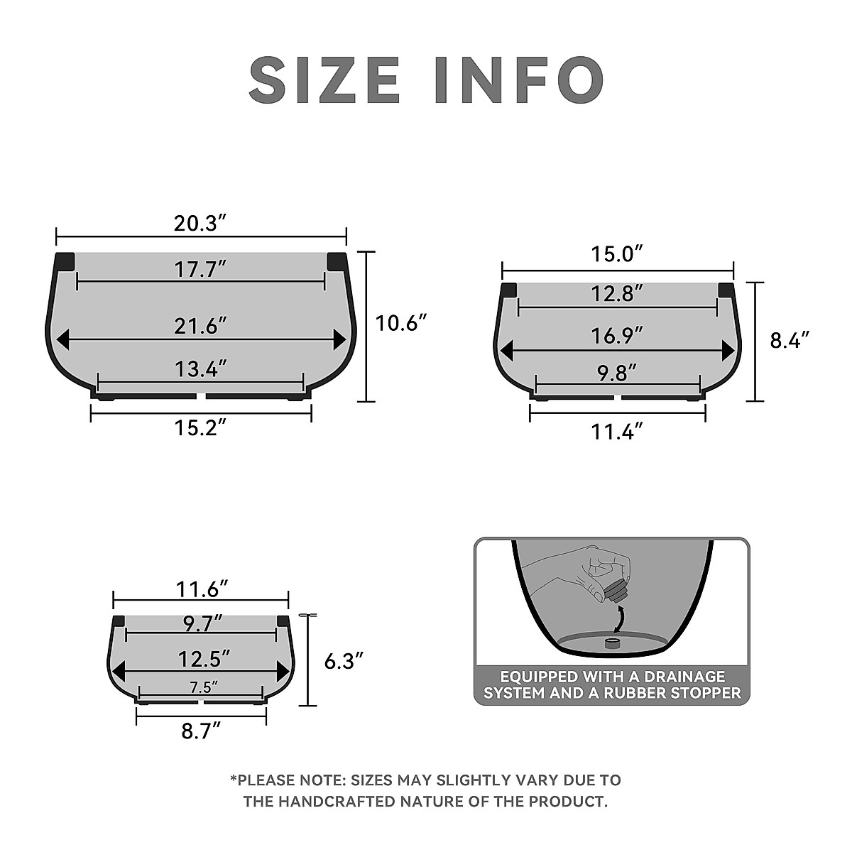 Kante 21.6",16.9",and 12.5" Dia Round Pure White Elegant Planters (Set of 3), Outdoor Indoor Garden Plant Pot with Drainage Hole and Rubber Plug for Home & Patio