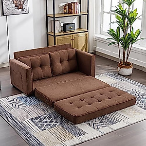 Lifeand Modern Upholstered Couch with Side Pocket for Living Room Office 59.4" Loveseat Sofa with Pull-Out Bed, Brown