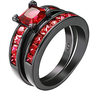 XAHH His and Hers Couples Matching Rings Women's 2pc Black Gold Filled Red CZ Engagement Ring Bridal Sets Men's Titanium Steel Wedding Band Size 6 11