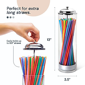 SimplyImagine Acrylic Straw Holder- 13 Inch Tall Drinking Straw Dispenser for Smoothie Tubes, Retro Reusable Storage Container of House Supplies- Metal Base and Lid with 20 Clear Straws in White Pack
