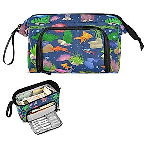 PJGINUIUA Pencil Case School Supplies Pouch, Ocean Fish Nylon Handheld Pen Bag Big Makeup Bag for Teen Boys Girls School Students