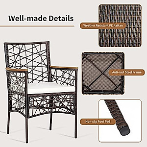 Tangkula Set of 2 Outdoor Dining Chairs, Patiojoy All-Weather PE Wicker Patio Bistro Chairs with Acacia Wood Armrests and Soft Cushions, Outdoor Armchairs for Porch, Garden, Poolside and Backyard