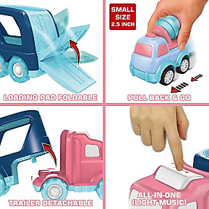 Transport Car Carrier Truck Set with Light and Sound, 5 in 1 Pink Double Deck Container Truck with 4 Mini Cartoon Pull Back Vehicle Construction Car, Gift Toy for Girl Toddler Kid Christmas Birthday
