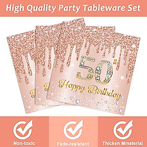 96 Pieces 50th Birthday Tableware Set for Pink Rose Gold 50th Birthday Table Decorations Supplies Pink Rose Gold Happy 50 Birthday Dessert Plates Napkins Forks for 24 Guests Women Birthday Supplies