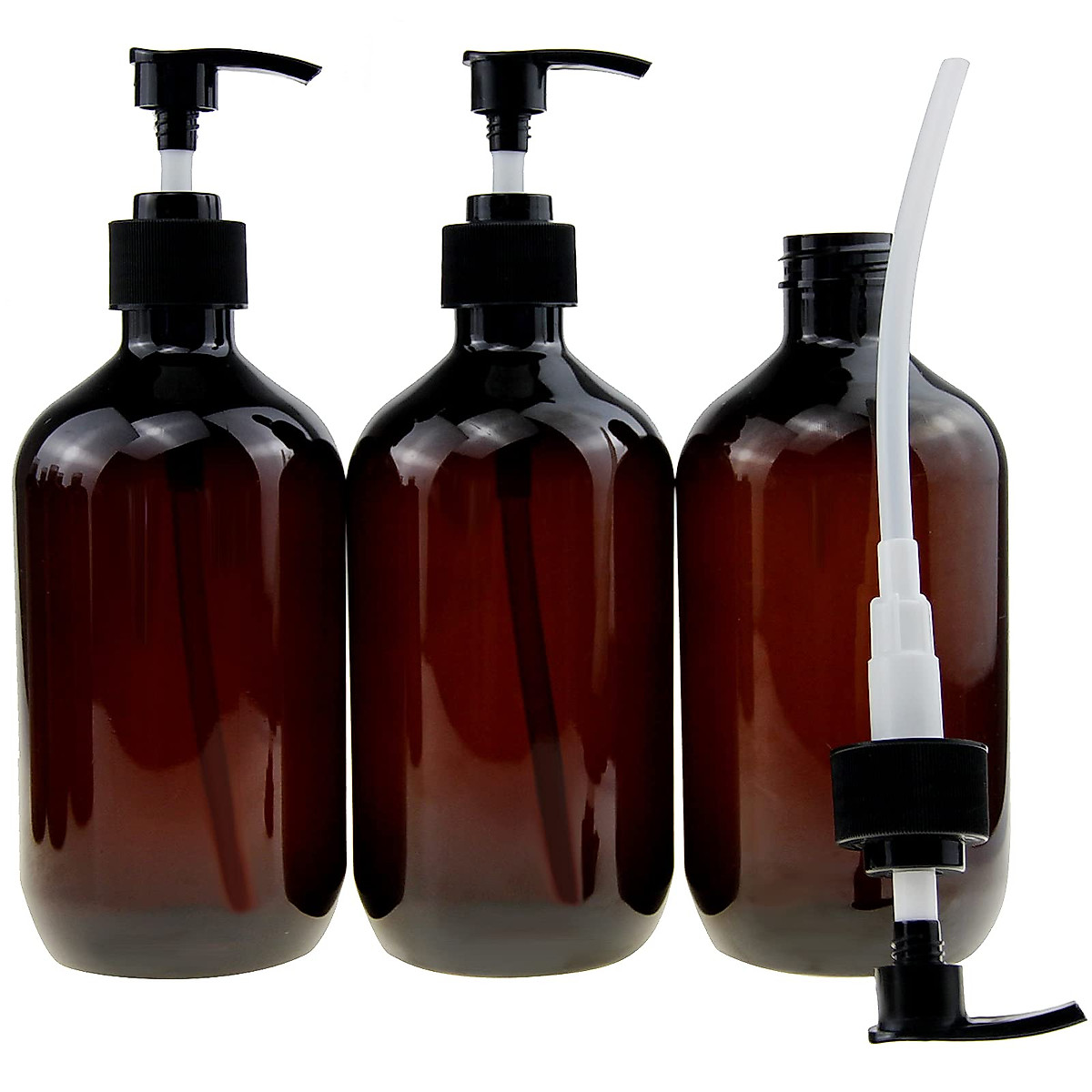 Empty Plastic Bottles with Pump Dispenser and Labels Included, Refillable Travel Containers for Hand sanitizer Shampoo Lotion, etc - BPA/Paraben Free, 500ml/16.9oz (Amber, 3 Pack)