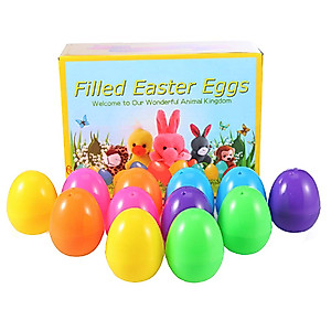 ThinkMax 12 pcs Easter Eggs Filled with Mini Plush Animals Toy for Easter Basket Stuffers/Fillers, Eggs Hunt, Party Favor