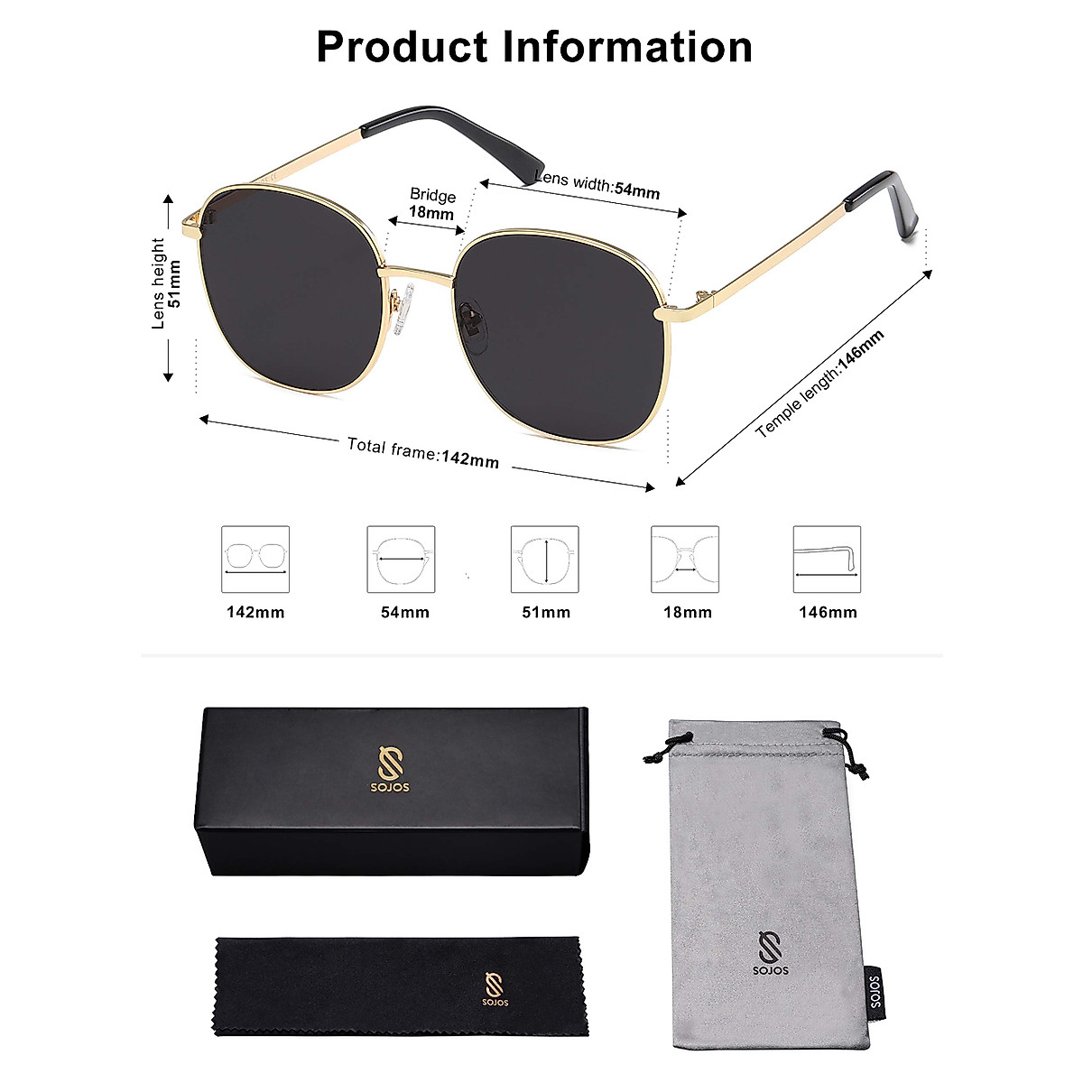 SOJOS Classic Square Sunglasses for Women Men with Spring Hinge Sunnies SJ1137, Bright Gold/Grey