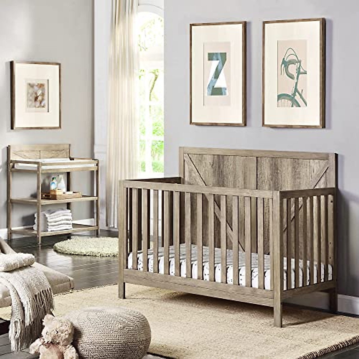 Pvillez Convertible Crib, 4-in-1 Convertible Crib, Farmhouse Style Baby Crib Converts to Toddler Bed, Daybed and Full Size Bed, Easy Assembly (Vintage Chestnut)