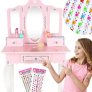 Green series Kinderplay | Kids Vanity - Little Girls Vanity Set with Mirror and Stool | Vanity for Girls | Kids Vanity Set with Mirror Age 4-9 | Vanity Kids Makeup | Pink GS3300
