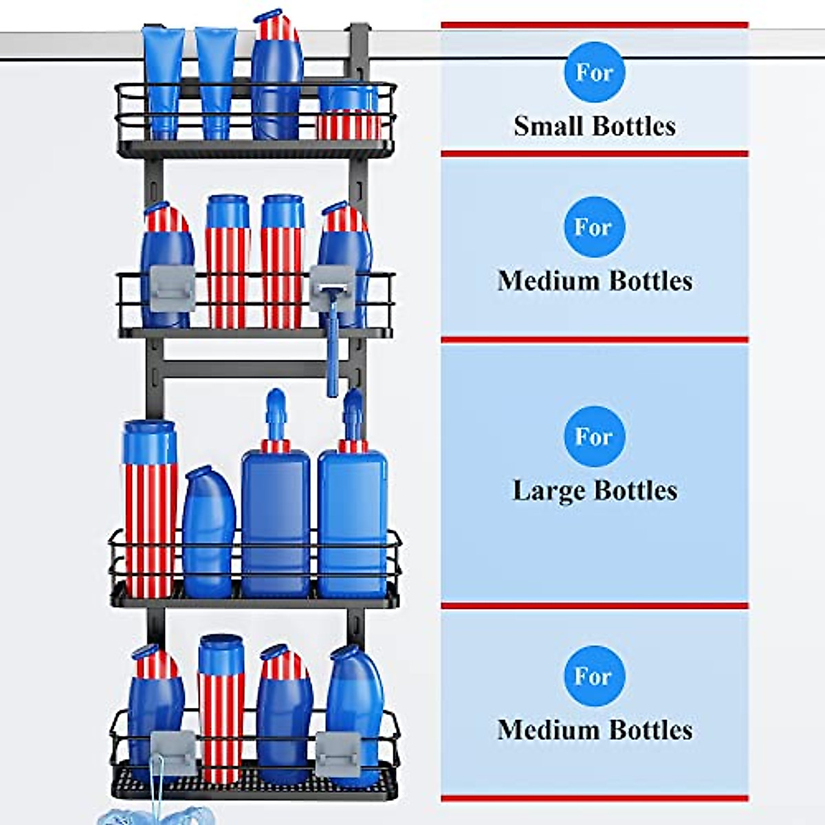 Nieifi Adjustable Over The Door Shower Caddy Organizer Shelves Rack with Hooks, Hanging Rustproof Shower Shelf Storage Basket for Inside Shower, Small Items Don’t Fall, Balck 4 Tier