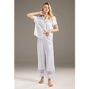 AW BRIDAL 2Pcs Sexy Womens Pajama Sets - Short Sleeve Silk Pajamas Long Pj Pants With Lace, Button Up Pajamas For Women, White, S| Clever Bridal Shower Gifts Bachelorette Gifts For Bride Pajamas