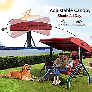 NOBLEMOOD Patio Porch Swing, 3-Seat Outdoor Swing with Adjustable Canopy, Thickened Cushion, Pillow and Foldable Side Tray for Patio, Backyard, Porch Swing Bed for Spring