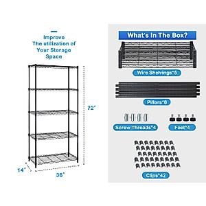 Haiput Wam Storage Shelves, 5 Tier Adjustable Metal Shelving with 1250 Lbs Capacity for Kitchen Laundry Bathroom Pantry Organization, Shelving Unit Wire Shelf Metal Shelves for Storage -14x36x72