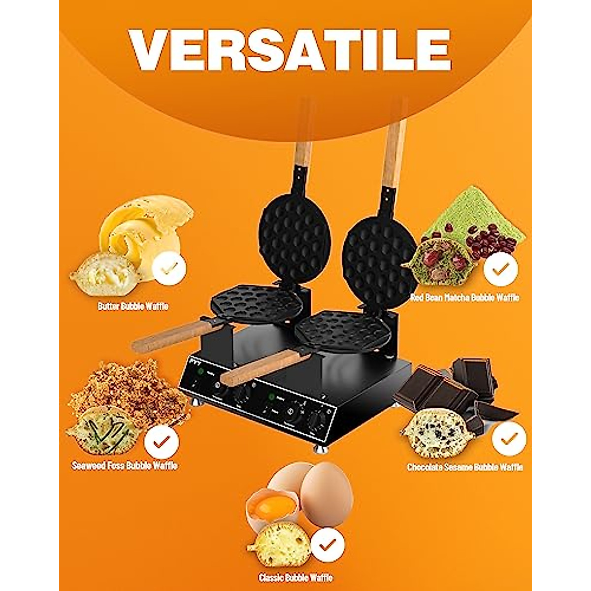 PYY Double Bubble Waffle Maker Commercial Waffle Maker Non-stick Hong Kong Egg Waffle Maker for Home Use Stainless Steel Pancake Maker 180° rotate, 1500W 110V Electric Cone Maker 50-250℃/122-482℉