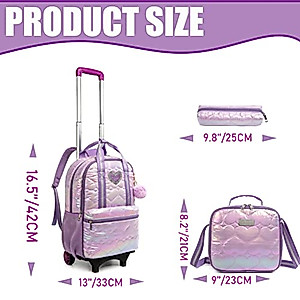 ZBAOGTW Rolling Backpack for Girls School Backpack with Wheels Kids Roller Backpack with Lunch Bag for Elementary School