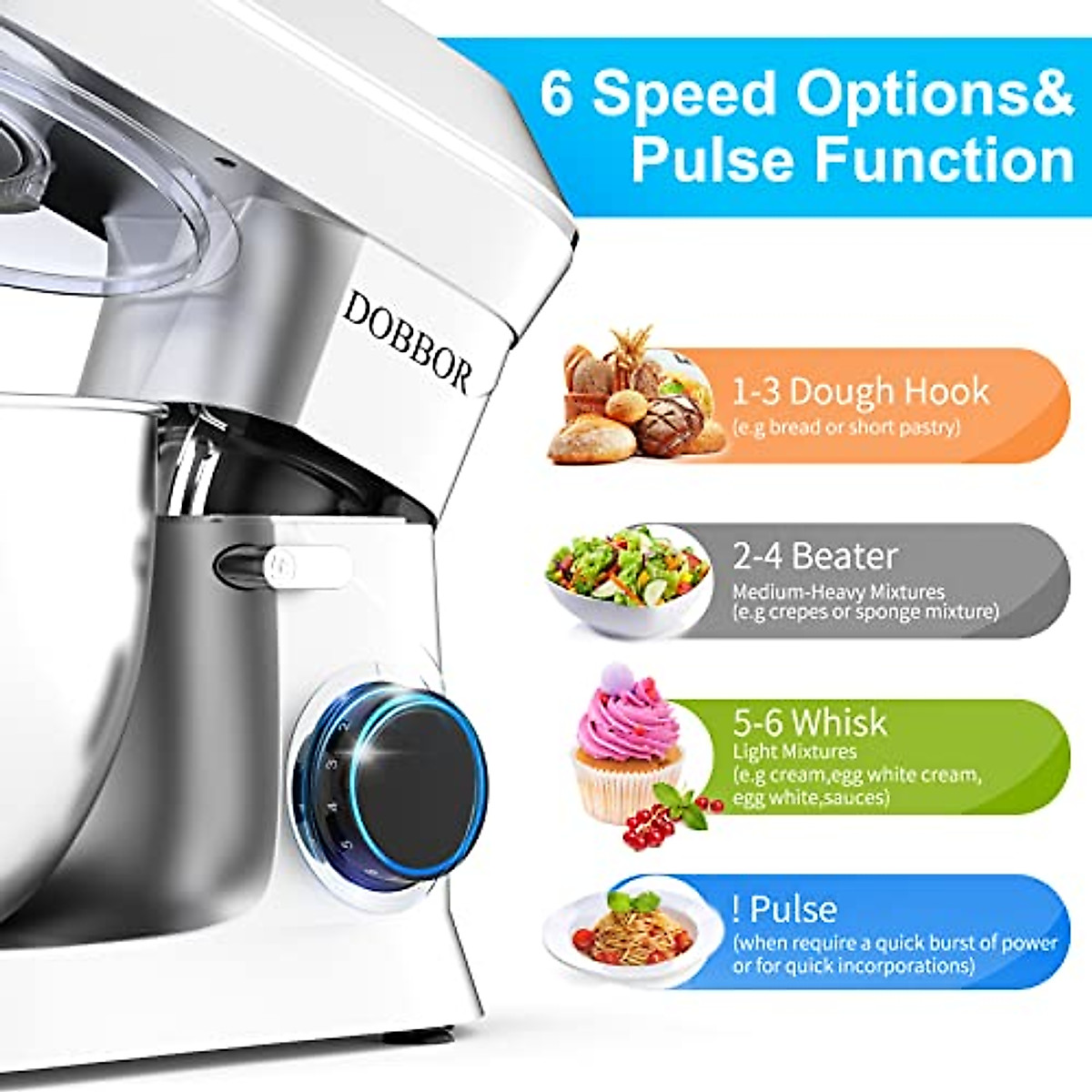 9.5QT Standing Mixer, DOBBOR 7 Speeds 660W Tilt-Head Kitchen Dough Mixer, Electric household mixers with Dough Hook, Whisk, Beater, Splash Guard & Mixing Bowl for Baking - Silver